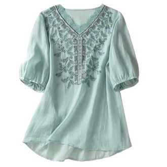 Generic Haut en lin pour femme tendance d&eacute;contract&eacute; col en V vintage broderie florale imprim&eacute; chemises chinoises d&eacute;t&eacute; boh&egrave;me hauts confortables pour femme, bl