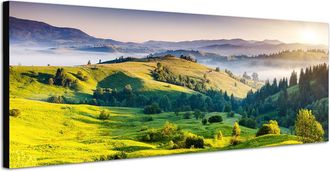 Paul Sinus Art Panoramabild auf Leinwand und Keilrahmen 120x40cm Ukraine Wiesen H&uuml;gel Wald Morgenlicht