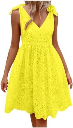 Generic Robes amincissantes pour femmes, robe mi-longue, dentelle, jacquard, ajour&eacute;e, col en V, taille L, 2026, jaune, XXL