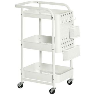 HOMCOM Servierwagen mit 3 Ebenen K&uuml;chenwagen mit Rollen Griff Rollwagen mit Haken und Korb, K&uuml;chenregal, Allzweckwagen f&uuml;r K&uuml;che B&uuml;ro Badezimmer, Wei&szlig;