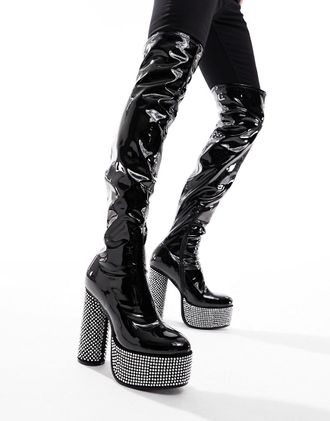 Asos Cuissardes &agrave; talon en similicuir verni orn&eacute;es de strass - Noir