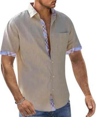 Onsoyours Chemise Homme à Carreaux Manche Courte Coton Lin avec Poche Poitrine Chemise Décontractée Classique Chemisette Homme Lin Chemise Bouton Homme Blouse A