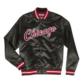 Mitchell & Ness Herren &Uuml;bergangsjacke Chicago - Schwarz/Rot/Wei&szlig; - Satin Collegejacke im Retro Look - Streetwear Bomberjacke S