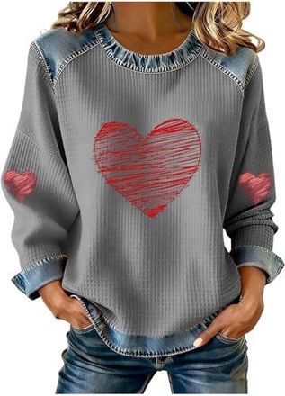 Generic Sweat-shirt &agrave; manches longues et col rond en denim pour femme - Patchwork - Motif coeur - D&eacute;contract&eacute; - Col rond, gris, XXL