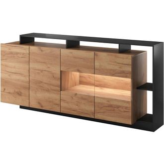 Vente-Unique Vente-Unique - Buffet 4 portes 4 niches avec LEDs - Naturel clair et anthracite - Panneau de particule et verre tremp&eacute; - &Eacute;co-responsable fabriqu&eacute; en