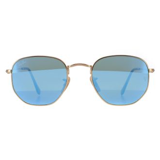 Ray-Ban Lunettes De Soleil Ray-Ban Hexagonal 3548N 001/9O Miroir D&eacute;grad&eacute; Bleu Clair Or