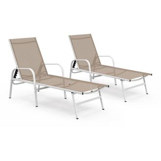 IDMarket Lot de 2 transats de jardin inclinables FIDJI en acier blanc et toile beige