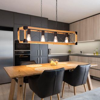Trio Leuchten Trio Lighting - Suspension en bois pour table à manger, avec structure en bois, métal noir, 4 douilles E27, LxlxH 100x20x150 cm