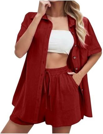 Generic Ensemble 2 pi&egrave;ces pour femme, v&ecirc;tements de d&eacute;tente, chemises surdimensionn&eacute;es et shorts assorties, tenue d&eacute;t&eacute; 2026, bordeaux, XL
