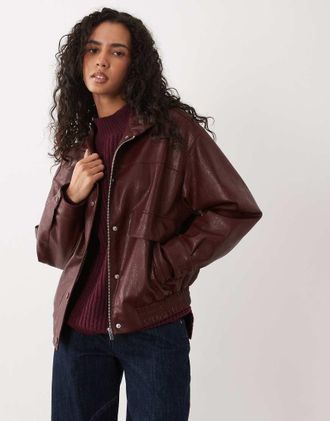 Vila bomber en imitation cuir &agrave; col chemin&eacute;e bordeaux-Rouge