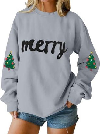 Generic Sweat-shirt imprimé sapin de Noël pour femme, pull de Noël fantaisie mignon joyeux Noël 2025 col rond surdimensionné à manches longues pour les vacanc