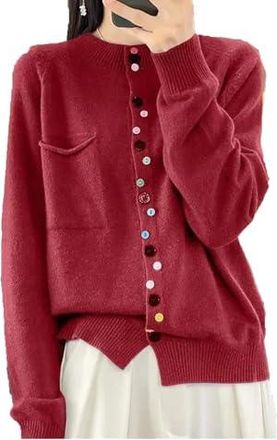 Generic Cardigan en tricot de laine &agrave; simple boutonnage &agrave; manches longues &eacute;l&eacute;gant vintage pour femme, Rouge, L