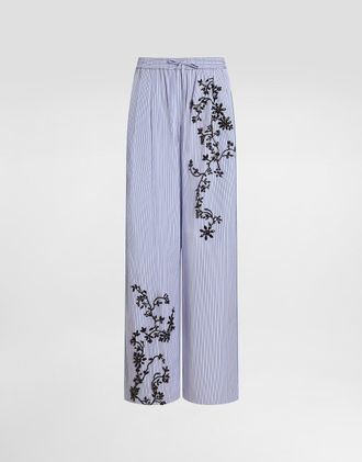 Dolce & Gabbana Striped Poplin Trousers With Flowers Embroidery - Frau Hosen Und Shorts Mehrfarbig 44