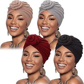 Dreshow 4 Pièces Turban Africain pour Femme Bonnet Pré-noué Bonnet Chimio Casquette de Perte de Cheveux Chapeau