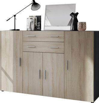 Vladon Highboard Aron Anrichte mit 2 Schubladen und 4 T&uuml;ren mit insgesamt 8 F&auml;cher dahinter, Anthrazit matt/Eiche s&auml;gerau (166,5 x 106,5 x 35 cm)