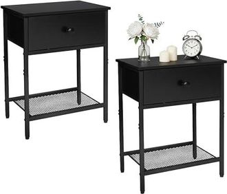 Relaxdays Nachttisch 2er Set, Schublade & Ablage, HBT: 55x40x30 cm, modern, Holzoptik, Metall, Nachtschrank, schwarz