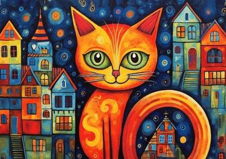 Calvendo Poster 59,4 x 42,0 cm Querformat Katze Im Stil von Friedensreich Hundertwasser II| Bilder, Kunstdruck, Wandbild, Wanddeko, Prints ohne Rahmen