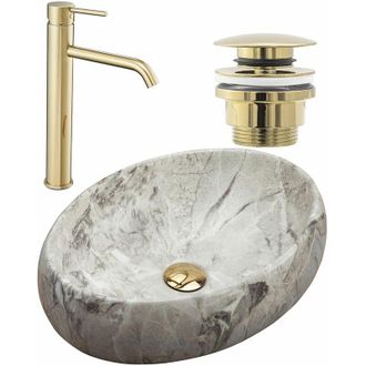 Rea Rea Set Von Aufsatzwaschbecken Linda Stone + Waschbeckenarmatur Lungo Gold + St&ouml;psel Gold