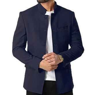 Generic Tunique chinoise pour homme - Col mandarin - Coupe ajust&eacute;e - Bouton sur le devant - Blazer traditionnel, bleu, 3XL