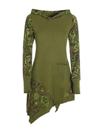 vishes Alternative Bekleidung - Langarm Damen Kleid Elfen Zipfelkleid Zipfelige Elfentunika Bedruckt Olive 40-42