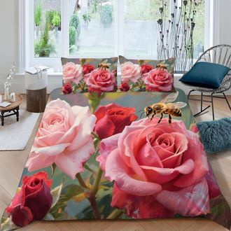 Generic Bettw&auml;sche 200x200 cm Rosa Rose 3 Teilig Bettbezug 200 x 200 Romantisches Paar Bettw&auml;sche-Sets 3D Weiche Mikrofaser Bettbezug Set mit Rei&szlig;verschluss +
