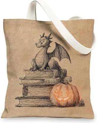 Generic Sac fourre-tout en toile motif dragon dHalloween, mignon motif créature fantaisie, sacs de courses réutilisables, style vintage fantaisie, léger, marr