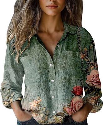 Generico Chemise Femme D&eacute;contract&eacute; &agrave; Manches Longues Chemises en Lin Coton &Eacute;l&eacute;gant Respirant T Shirt Col en V L&eacute;ger Chemisier Vintage Fantaisie avec Boutons Cl