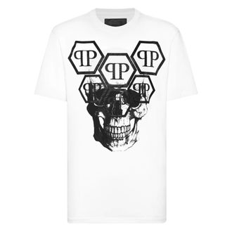 Philipp Plein Homme, Tops, Blanc, Taille: 3XL T-shirt Col Rond SS Stones Skull