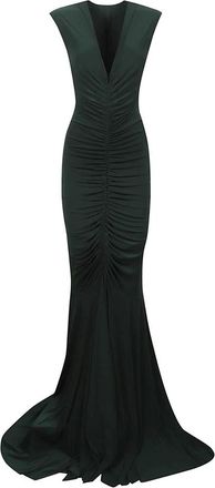 Norma Kamali Femme, Robes, Vert, Taille: 36 FR Robe de Soir&eacute;e Fourreau sans Manches &agrave; Col V Profond et Fronces
