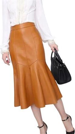 Generic Jupe pliss&eacute;e en cuir v&eacute;ritable taille haute pour femme, jaune, XL