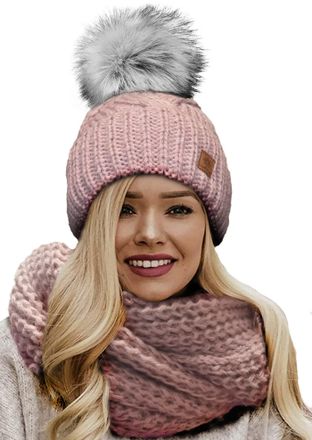 4sold M&uuml;tze & Schal Schlauchscha Damen Gerippt Winter Beanie mit Fleece Strickm&uuml;tze Mohair Wolle Wurm mit Faux Fell-Bommel Bommel Pom Pom Strick Gef&uuml;ttert -
