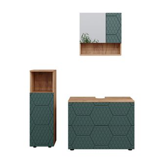 Vicco Badmöbel-Set Grün/Goldkraft Eiche Irma, bestehend aus Bad Spiegelschrank, Waschbeckenunterschrank, Midischrank - Harmonische Farb- und Materialkombina