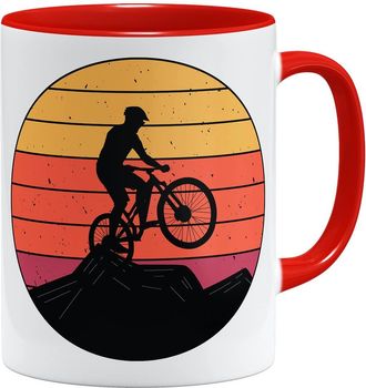OM3 Retro Sunset Mountainbike Tasse mit Fahrrad MTB Bicycle Biking - Keramik Becher - 11oz 325ml - Beidseitig Bedruckt - Rot