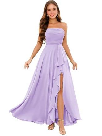 Generic Robe de demoiselle dhonneur longue sans bretelles avec fente et épaules dénudées en mousseline de soie à volants - Robe formelle pour invitée de maria