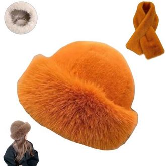 Generic Womens Winter Faux Fur Bucket Hat,Thick Furry Warm Fisherman Cap,Fluffy Soft Faux Mink Plush Mongolian Hat for Outdoor (Orange)