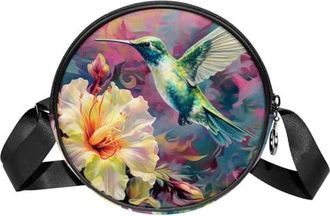 Generic Petit sac &agrave; bandouli&egrave;re rond pour femme, motif colibri floral avec fermeture &eacute;clair, bretelles r&eacute;glables, sac &agrave; main rond d&eacute;contract&eacute; pour femmes et f
