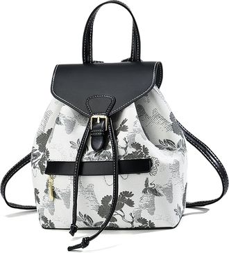 Nicole & Doris Mini Rucksack Damen Blumen Rucksack Damen Klein Elegant Cityrucksack Daypack PU Leder Rucksäcke Süß Mädchen Anti Diebstahl Rucksack mit Klappe Schwarz