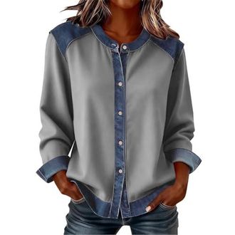Generic Chandail en jean pour femme, col rond, boutonn&eacute;, patchwork, cardigan en denim, chemises vintage, veste d&eacute;contract&eacute;e, pull pour femme, gris, XXL