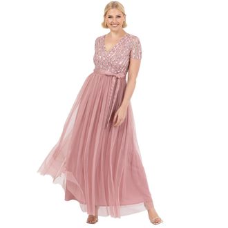 Maya Damen Maxi Dress for Women Ladies Bridesmaid V-Neck Ball Gown Short Sleeves Long Elegant Empire Waist Wedding Brautjungfernkleid, Vinatge Rose, 46