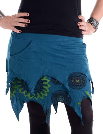 vishes Alternative Bekleidung - Lagenlook Zipfel Mini Elfen Rock aus Baumwolle mit Blumen Bedruckt t&uuml;rkis 42-44