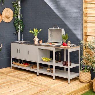 Sweeek Cuisine ext&eacute;rieure 3 modules acier inoxydable avec barbecue charbon beige Naxos