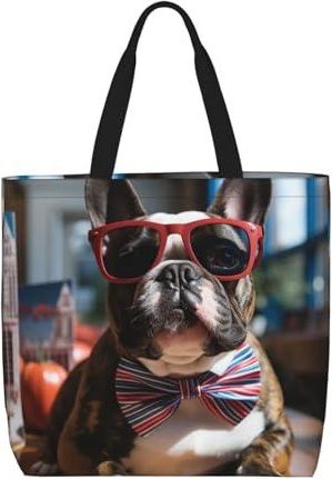 Generic Bouledogue Fran&ccedil;ais Portant Des Lunettes De Soleil Sac A Main Femme L&eacute;ger Sacs De Courses Grand Sac Cabas Pour Universit&eacute; Plage Shopping
