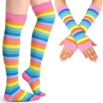 Blulu Armstulpe Beinwärmer für Damen Gestreifte Oberschenkel Socken Fingerlose Handschuhe Streifen Strumpf(Regenbogen Pink)