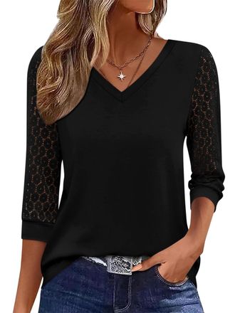 Onsoyours Shirt Damen 3/4 Arm V-Ausschnitt Tshirt Herbst Oberteil Spitzen Tops Sommer Casual T-Shirt Basic Shirt A Schwarz L