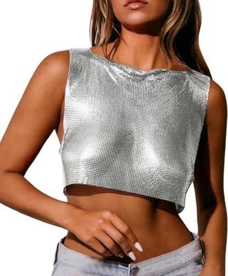 Generic D&eacute;bardeur brillant pour femme 2025 &agrave; paillettes sans manches mignon chemisier de f&ecirc;te strass Y2K scintillant d&eacute;bardeur d&eacute;t&eacute; d&eacute;contract&eacute; court col bate