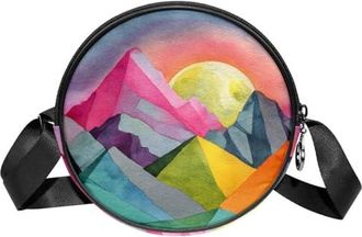 Generic Sac &agrave; bandouli&egrave;re rond pour femme, motif montagnes color&eacute;es, petit sac &agrave; bandouli&egrave;re avec fermeture &eacute;clair, bretelles r&eacute;glables, sac &agrave; main rond d&eacute;con