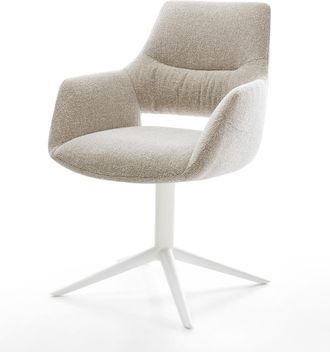 DELIFE Drehstuhl Yago-Flex mit Armlehnen Webstoff Soft Beige Fu&szlig;kreuz Wei&szlig; 360&deg; drehbar Wippfunktion Taschenfederkern, Esszimmerst&uuml;hle