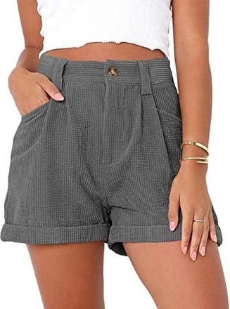 ORANDESIGNE Pantalon en Velours C&ocirc;tel&eacute; pour Femme Et&eacute; Shorts Casual Pantalon Courte Taille Haute R&eacute;tro Confortable D&eacute;contract&eacute; Couleur Unie Plage Short avec Poche