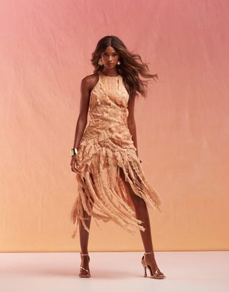 Asos Minikleid in Pfirsich mit Spitzenbesatz und ger&uuml;schtem, zerzaustem Saum-Orange