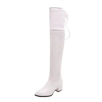 SJJH Bottes au-dessus du genou - Dos r&eacute;glable - Bottes pour femme pour le quotidien et la soci&eacute;t&eacute; - Talon de 5,5 cm - Doublure chaude, Blanc., 34 EU